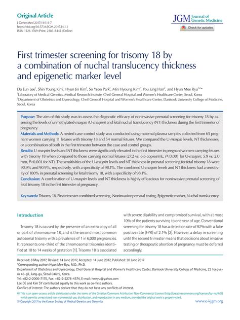 Pdf First Trimester Screening For Trisomy 18 By A Combination Of Nuchal Translucency Thickness