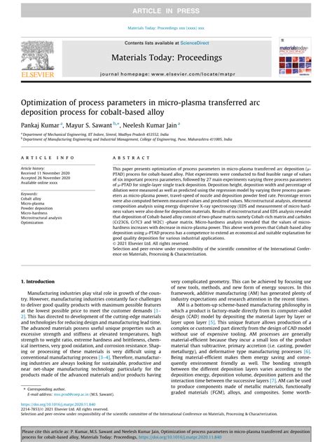 PDF Optimization Of Process Parameters In Micro Plasma Transferred Arc Deposition Process For