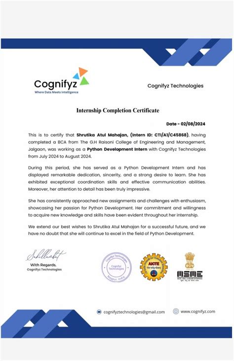 Shrutika Mahajan On Linkedin Cognifyztechnologies Cognifyz Internship Pythondevelopment