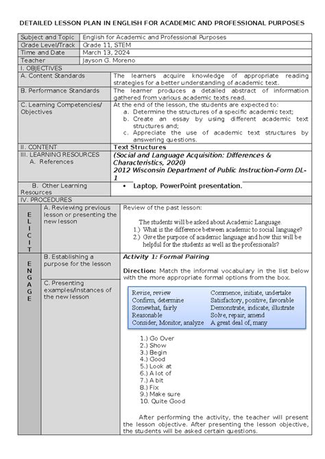 Eapp Text Structures Eapp Text Structure Detailed Lesson Plan In