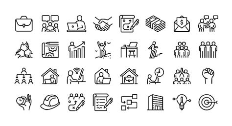 작업 라인 아이콘이 설정되었습니다 개체의 그룹입니다 회의 사무실 작업 공간 조직 협업 팀워크 작업 그룹 팀 성공 개념에 대한 스톡 벡터 아트 및 기타 이미지 Istock