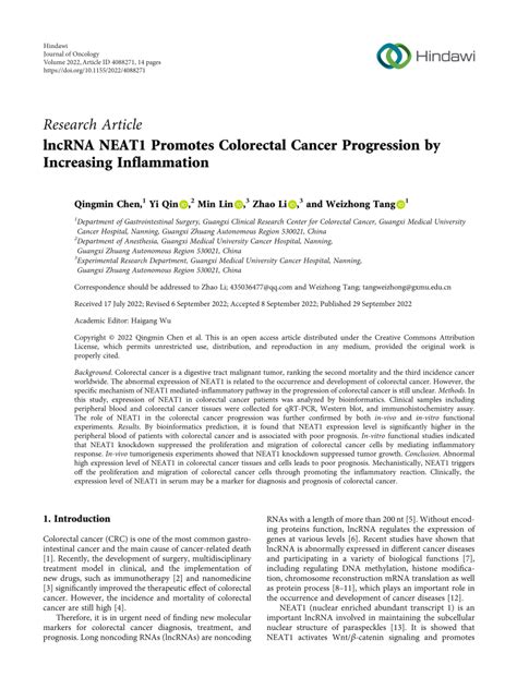 Pdf Lncrna Neat1 Promotes Colorectal Cancer Progression By Increasing