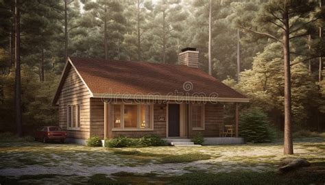 Rustic Log Cabin Nestled In Tranquil Forest Surrounded By Pine Trees