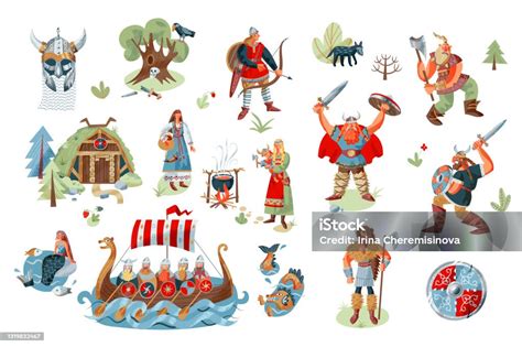 바이킹 문자 및 개체 집합입니다 중세 노르웨이 사람들과 신화 벡터 일러스트 전사와 배 여자 북유럽 검남자 집 흰색 배경에 판타지 요소 바이킹에 대한 스톡 벡터 아트 및 기타