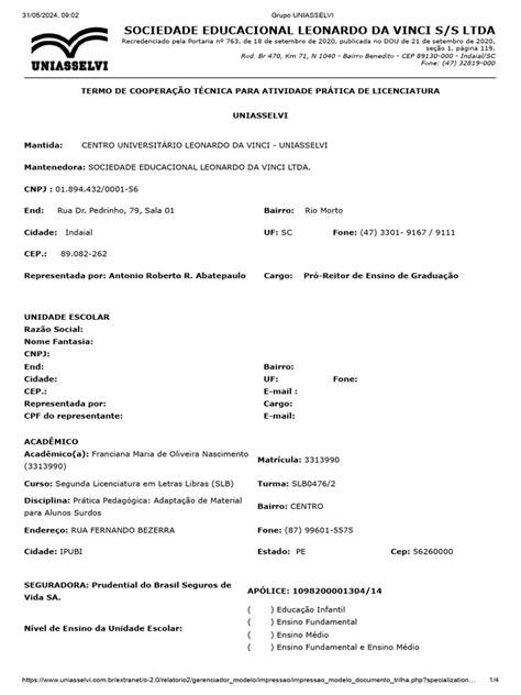 Termo De Cooperação Técnica Grupo Uniasselvi Pdf Pedagogia
