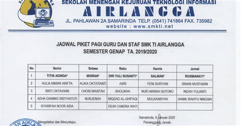 Smk Ti Airlangga Samarinda Jadwal Guru Piket Semester Genap Tahun