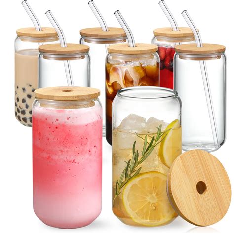 8pcs Set Drinking Glasses With Bamboo Lids And Glass Straw 16oz Can Shaped Glass Cups