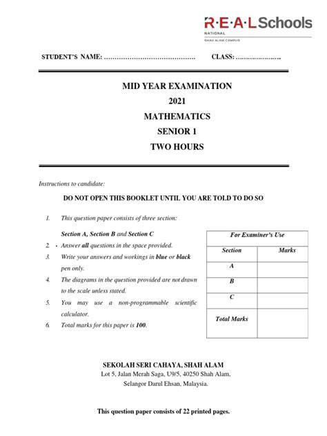 Mathematics Form 1 Mid Term Exam 2021 Pdf