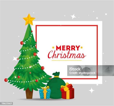 Kartu Selamat Natal Dengan Pohon Pinus Dan Kotak Hadiah Ilustrasi Stok