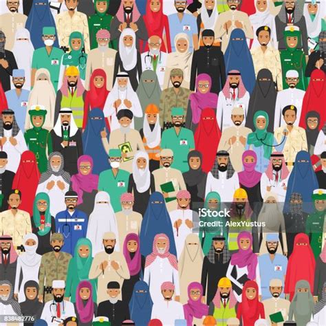 원활한 패턴 사회 개념입니다 큰 그룹 회교도 아라비아 사람 직업 직업 서 다른 양복과 플랫 스타일에 전통적인 옷 함께 아랍 남녀 행입니다 벡터 일러스트입니다 군중에 대한