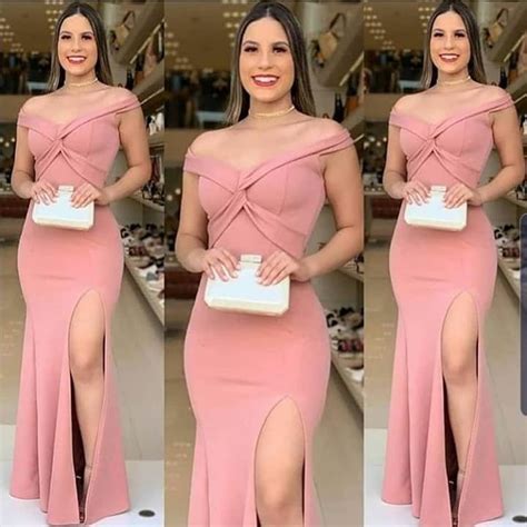 Vestido Longo Ombro A Ombro Cruzado No Busto Com Fenda Para Festas