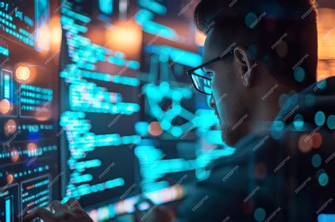 Premium Photo Man Programmer Code On Computer Screen With Cybersecurity Hologram