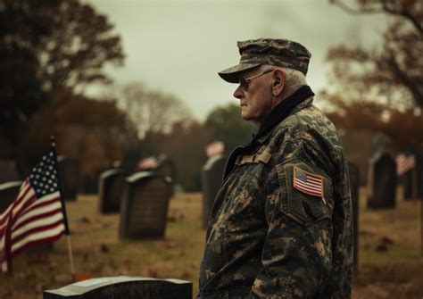 Premium Photo A Sad Elderly Soldier Visiting A Grave In A Military