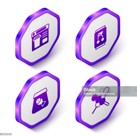 나무 막대기 아이콘에 등도 측정 온라인 주문 음식 소다 캔 물고기와 미트볼을 설정합니다 보라색 육각 버튼 벡터 0명에 대한 스톡 벡터 아트 및 기타 이미지 Istock