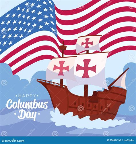 Wooden Caravel On A Colored Columbus Day Template Vector Stock Vector