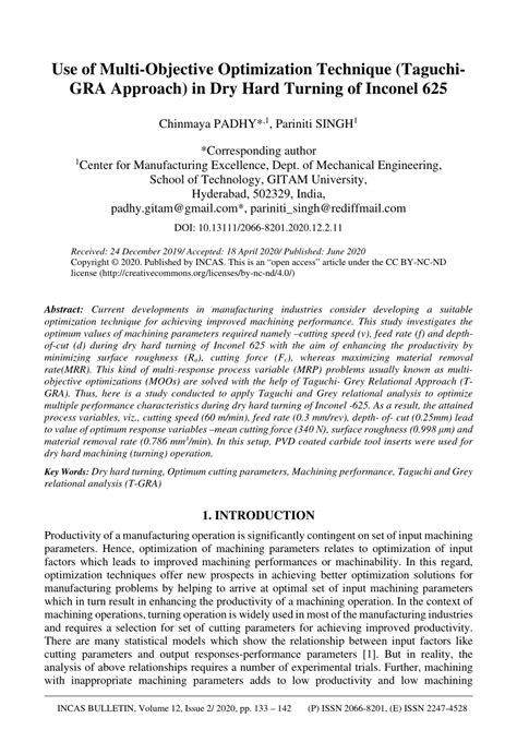 Pdf Use Of Multi Objective Optimization Technique Taguchi Gra