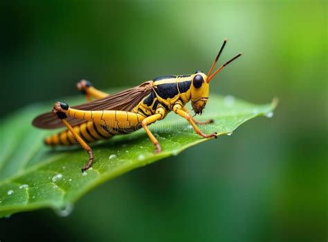 Closeup View Of Grasshopper On Green Leaf Insect Eating Leaf Vivid