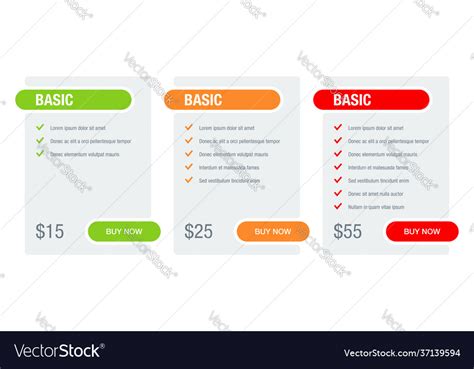 Tariff Comparsion Table Block Web Chart Template Vector Image