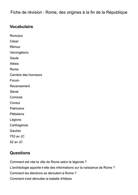 Fiche de révision Rome des origines à la fin de la