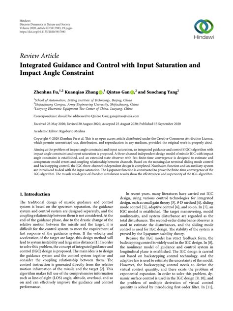 Pdf Integrated Guidance And Control With Input Saturation And Impact