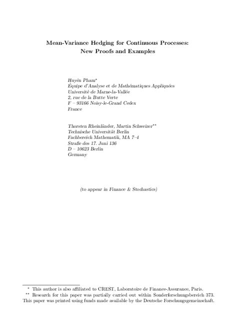 Pdf Mean Variance Hedging For Continuous Processes New Proofs And