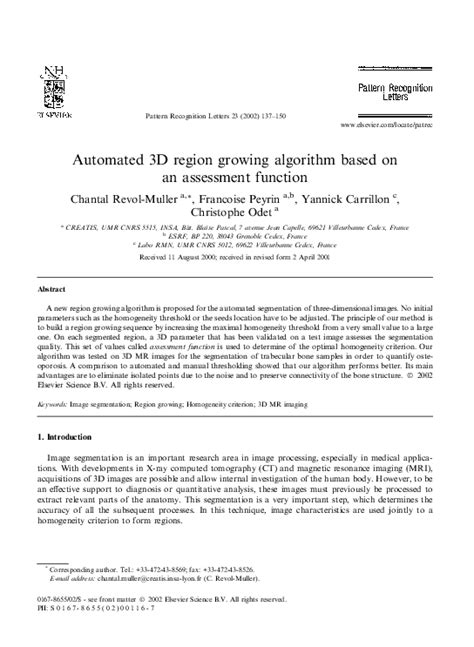 Pdf Automated 3d Region Growing Algorithm Based On An Assessment Function