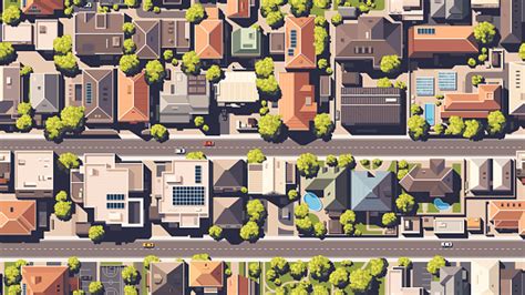 완벽 한 패턴입니다 다른 집 건물 마당이있는 도시의 평면도 자동차가 있는 도로 벡터 일러스트 레이 션 Eps10 현실적인 풍경 만화 플랫 스타일 위에서 본 모습 0명에 대한