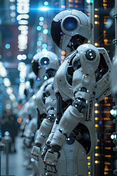 Line Of Advanced Humanoid Robots In A High Tech Facility Stock Image