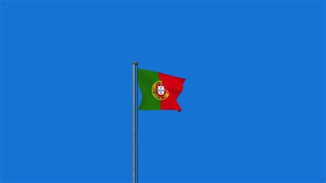 Portugal Flag Waving On Pole Animation On Blue Screen Background