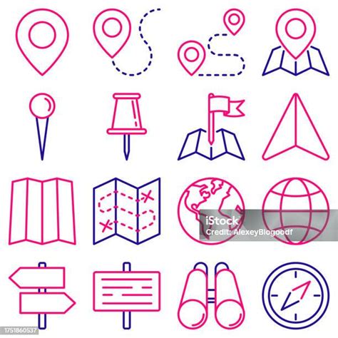 위치 선 아이콘 세트 핀 포인터 방향 경로 나침반 벽 바늘 커서 네비게이션 Gps 쌍안경 현대 벡터 일러스트입니다 가까운에 대한