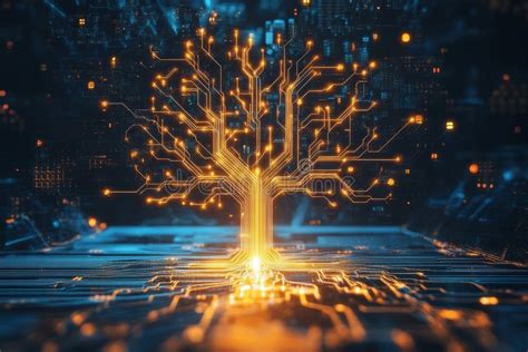 Digital Tree With Branching Circuitry Emerging From A Microchip Stock