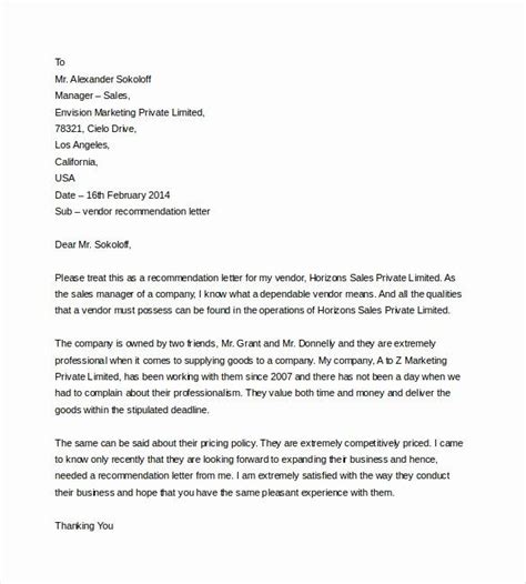 Vendor Recommendation Letter Sample Elegant Supplier Reference Letter
