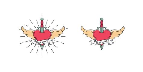 색상 세트는 광선에 단검과 날개가 있는 하트와 흰색 배경에 텍스트가 있는 리본을 예시합니다 문신에 대한 스톡 벡터 아트 및 기타
