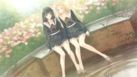 2girls Arms At Sides Bare Legs Barefoot Black Dress Black Hair Blonde