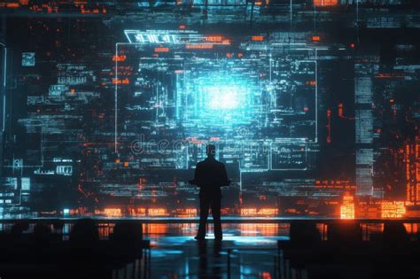 Technology Expert Analyzes Futuristic Data Visualization In A Darkened Room With Glowing Screens