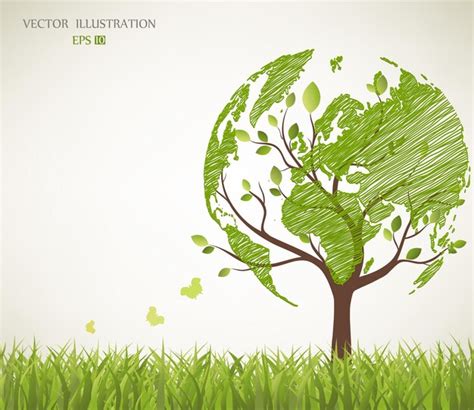 Premium Vector Green Globe On The Tree Tree With Globe On Grass Eco