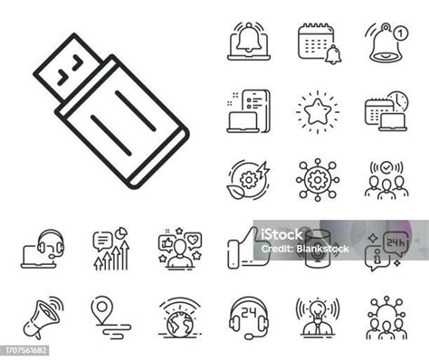 Usb 플래시 드라이브 라인 아이콘입니다 메모리 스틱 기호입니다 위치 기술 및 스마트 스피커를 배치합니다 벡터 Usb 케이블에 대한 스톡 벡터 아트 및 기타 이미지 Istock