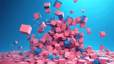 Fragmentation Abstract 3d Render Of A Blue Background With Pink Cube