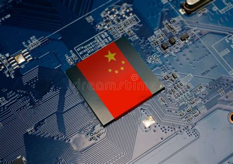 Flag Of China On CPU Operating Chipset Computer Electronic Circuit Board American Technology Or