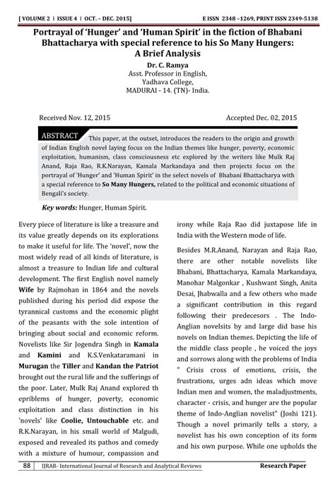 Hunger And Human Spirit In The Fiction Of Bhabani Bhattacharya With