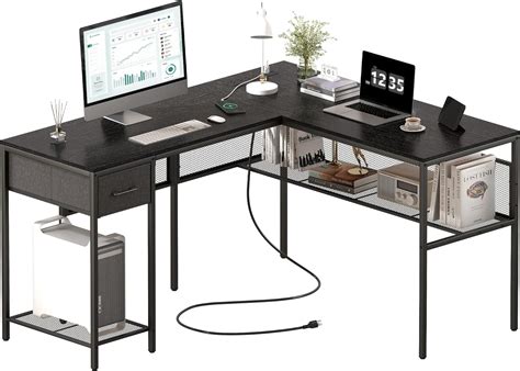 Buy Superjare L Shaped Desk With Power Outlets Computer Desk With Drawer Reversible Corner