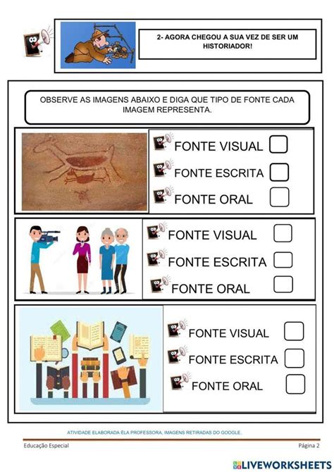 Fontes históricas escrita oral e visual worksheet