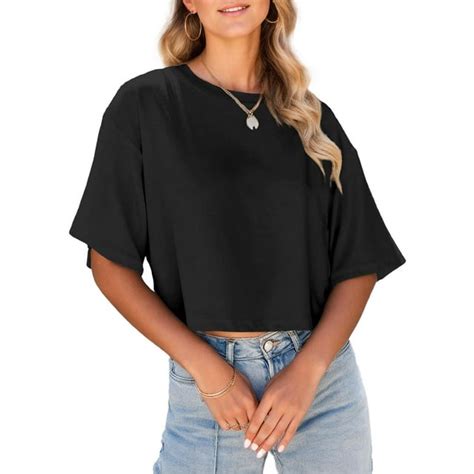 Easther Womens Summer Tops Short Sleeve Crop Top Round Neck Casual T