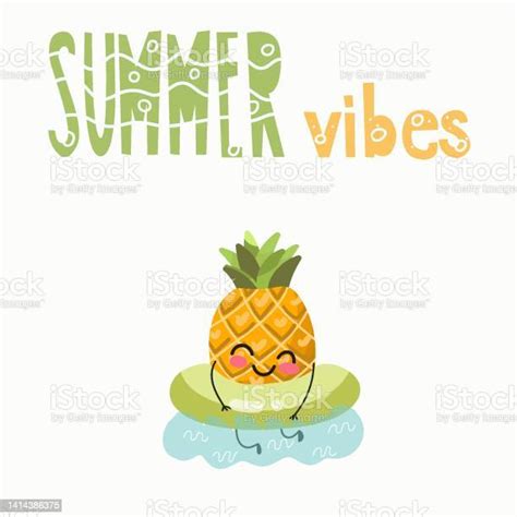 재미있는 캐릭터의 벡터 일러스트레이션 만화 파인애플은 수영 서클에서 물 바다 바다에서 수영합니다 여름 분위기 레터링 가공의 인물에 대한 스톡 벡터 아트 및 기타 이미지