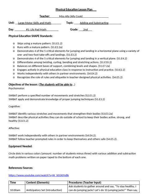 2nd Grade Lily Pad Math Pe Lesson Plan Pdf Physical Education