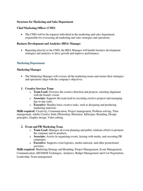 Structure For Marketing And Sales Department Pdf Sales Customer