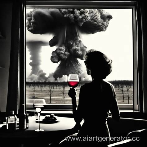 Woman Observing Nuclear Explosion With Wine Glass In Hand Ai Art