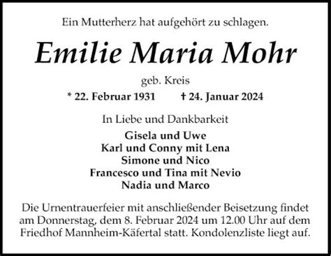 Traueranzeigen Von Emilie Maria Mohr Trauerportal Ihrer Tageszeitung