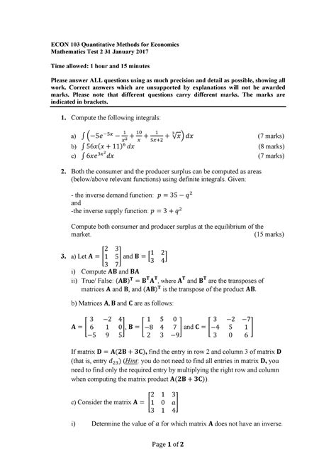 ECON Test Questions ECON Quantitative Methods For Economics Mathematics Test