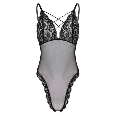 Sissy Lingerie Men See Through Leotard Floral Lace Bodysuit Crossdress